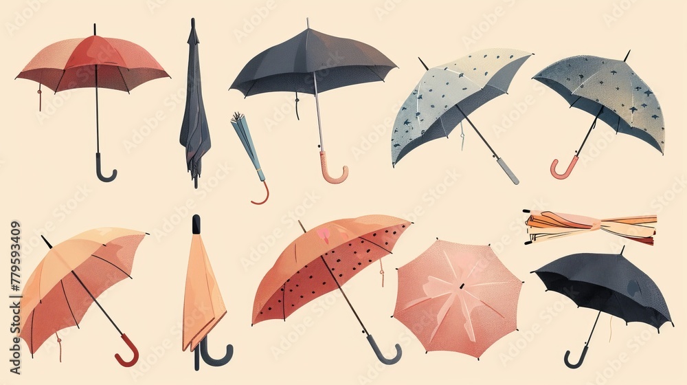 A collection of umbrellas in various positions, both open and folded, depicted in muted colors ...