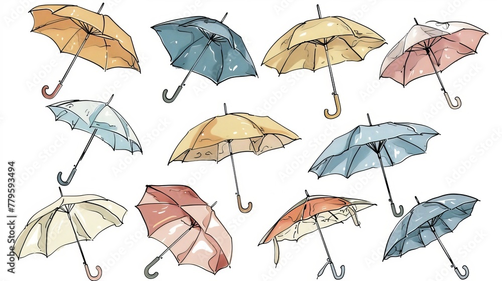 A collection of umbrellas in various positions, both open and folded, depicted in muted colors ...