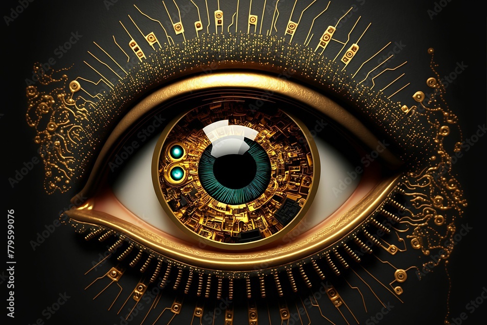 an artistic digital image of a golden human eye surrounded by binary ...