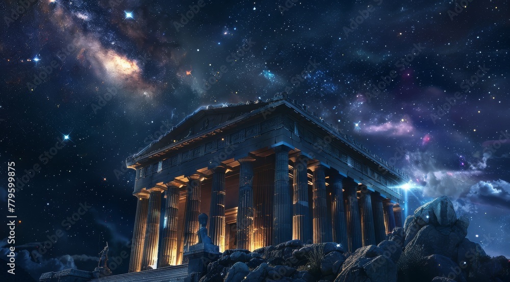 Majestic temple under a cosmic starry night. An enchanting visual of a ...