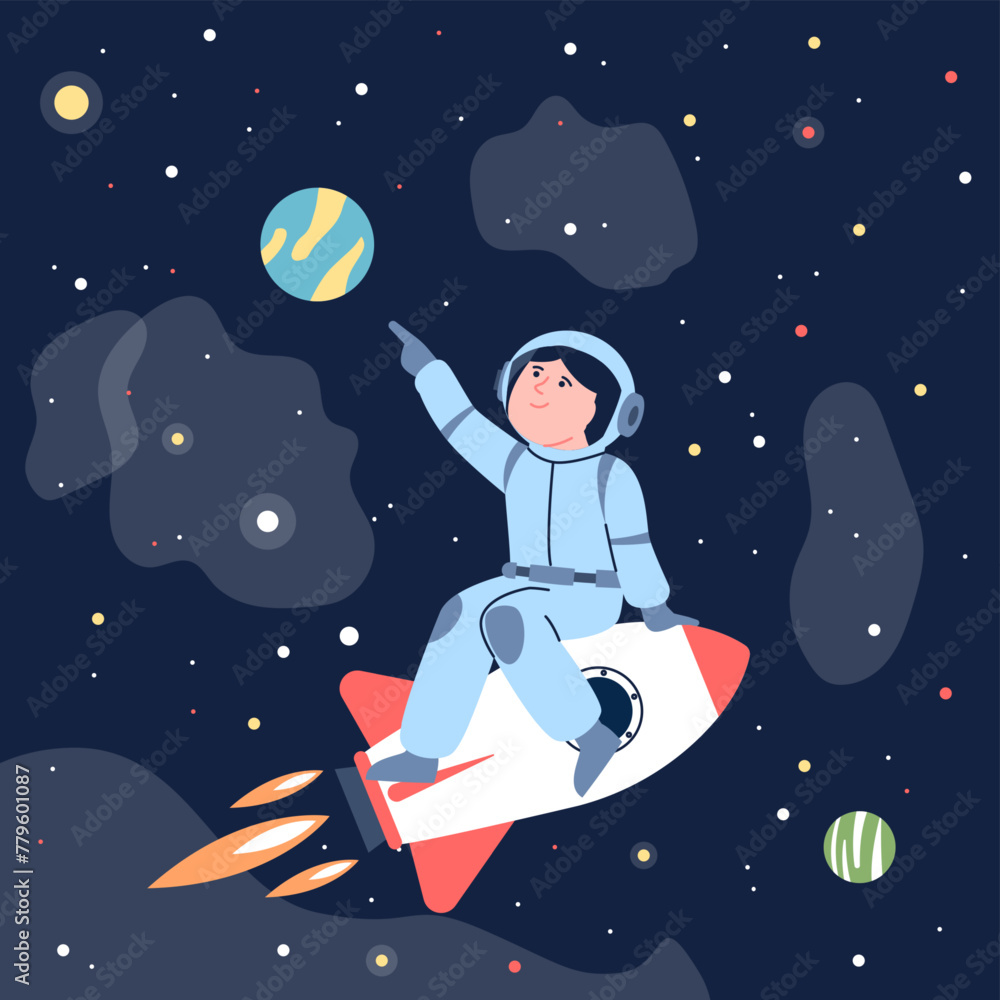 Kid in outer space. Astronaut on rocket flying in universe and exploring planets and stars ...