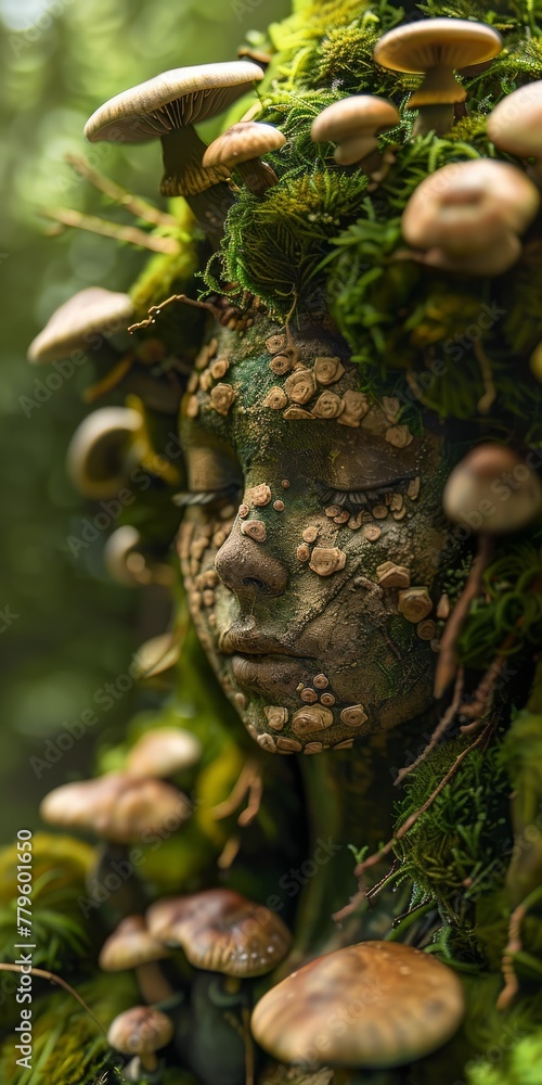 Evocative sculpture of a human face seamlessly blended with forest ...