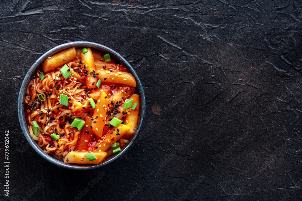 Rabokki, tteokbokki or topokki with ramen, Korean street food, spicy ...