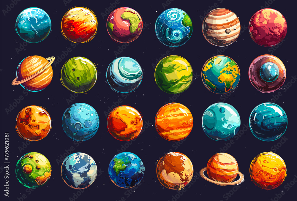 Cartoon fantasy planets, alien planet satellite with star in cosmic ...