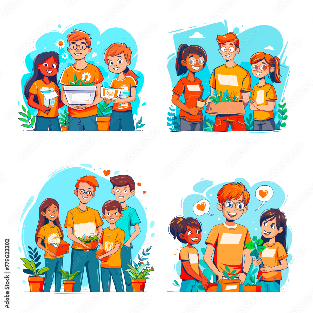 Cartoon volunteers groups scenes, eco volunteering concept cute kids ...
