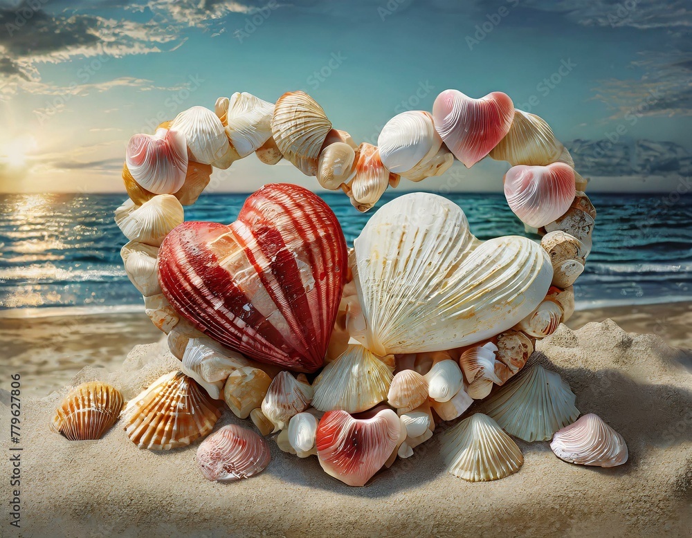 Heart-shaped seashell arrangement on a sandy beach with a stunning ...
