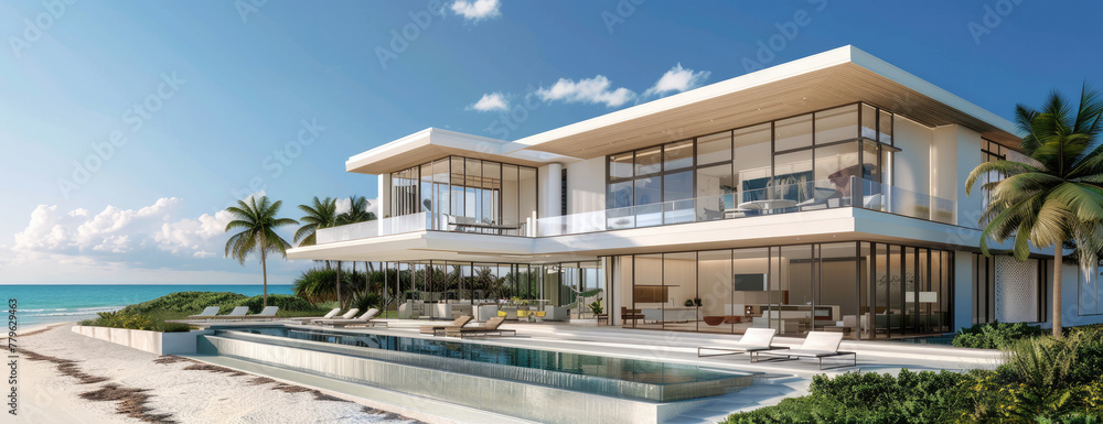 An architectural rendering of the exterior view across an infinity pool ...