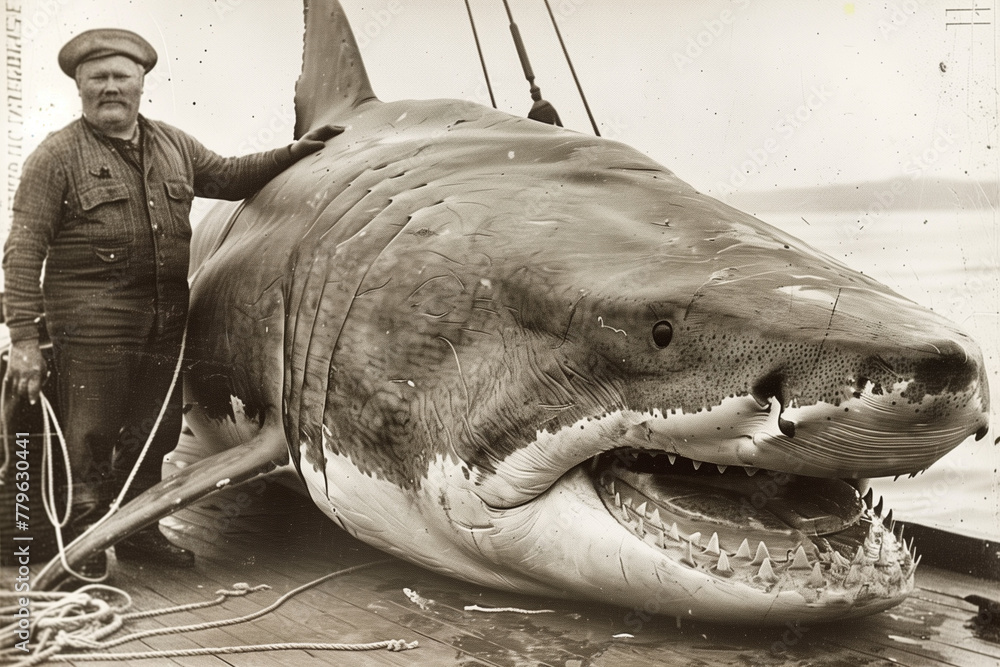 Old vintage photograph of a giant megaladon looking Great White Shark ...