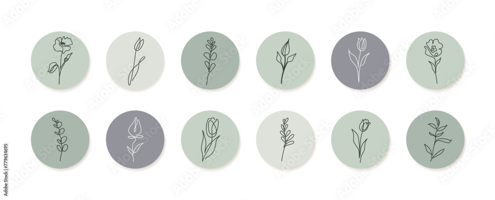 Green Highlight covers backgrounds. Set of icons with flowers, leaves ...