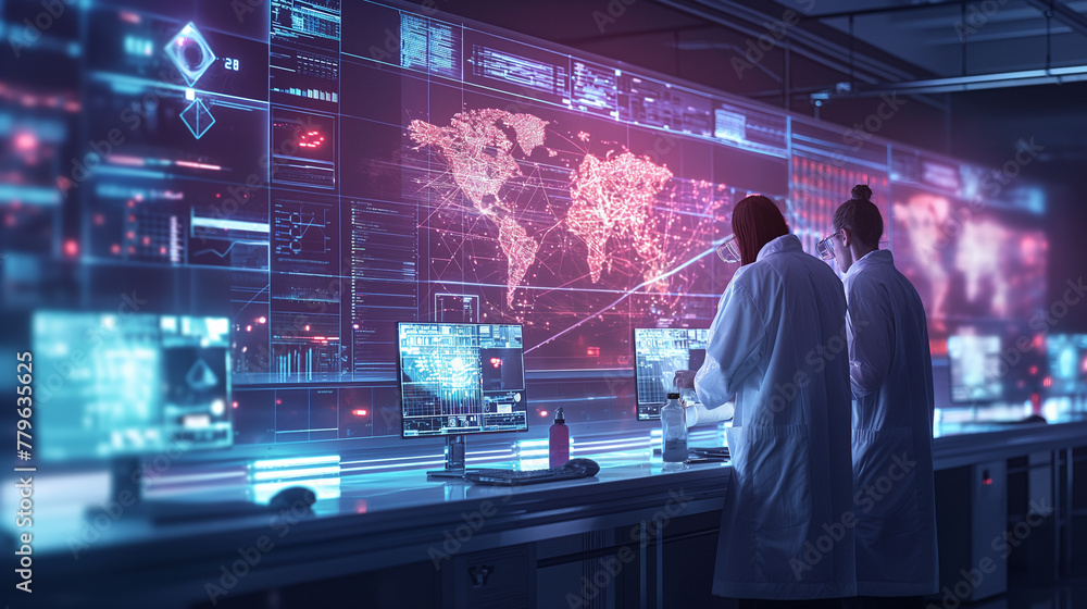 Scientists in a high-tech laboratory, surrounded by monitors displaying complex algorithms ...