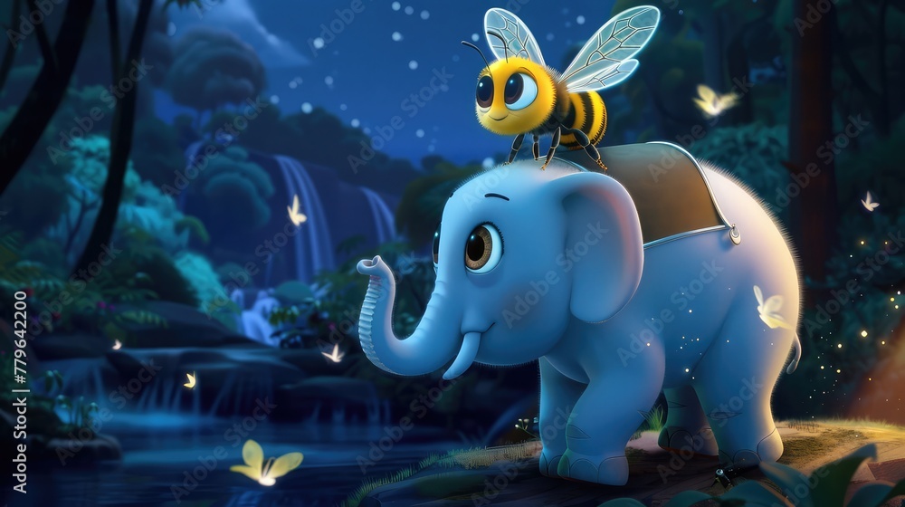 cute cartoon bee with big eyes riding on elephant in forest in night in ...