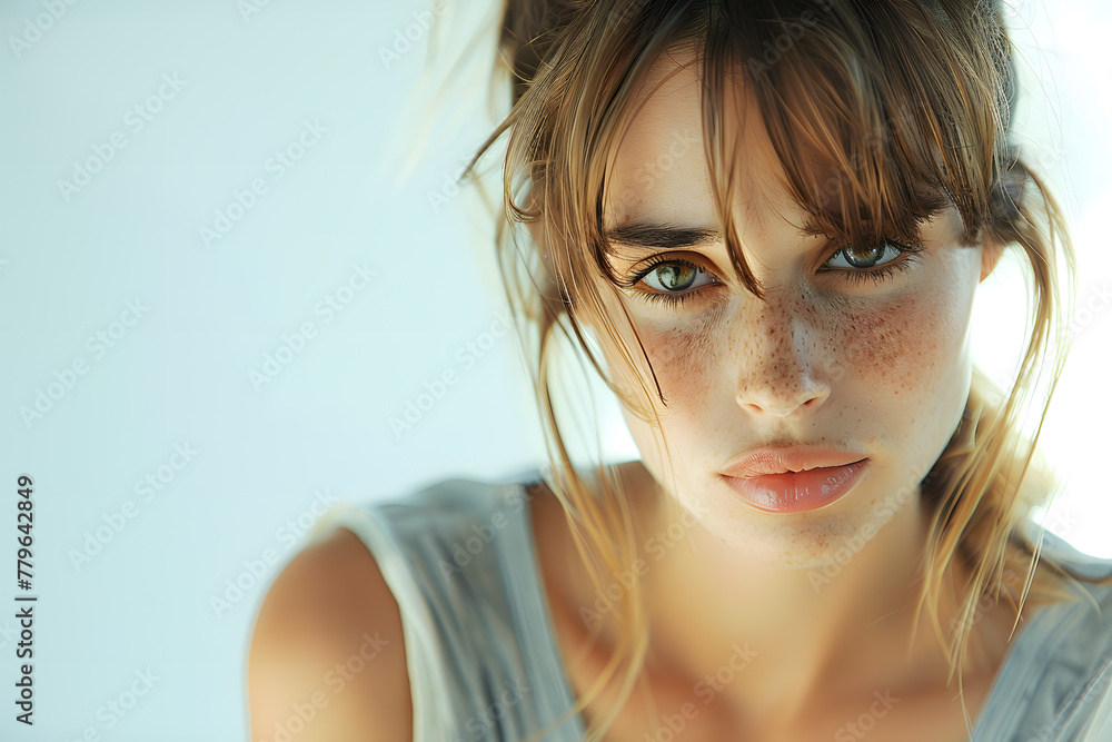 Close up portrait of sad and crying beautiful caucasian woman with hair ...