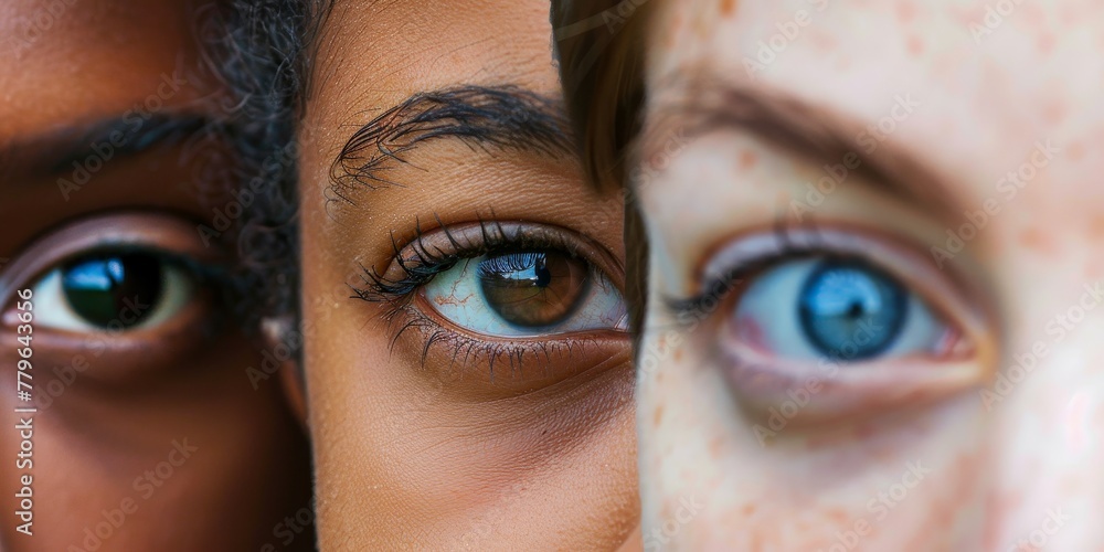Three women with different skin tones and eye colors. The woman in the ...