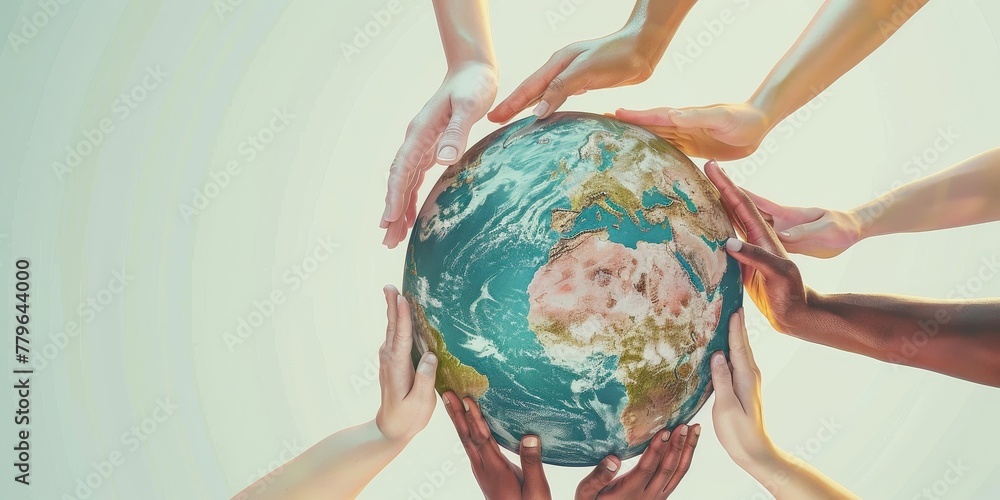 A group of people holding hands around a globe. Concept of unity and ...