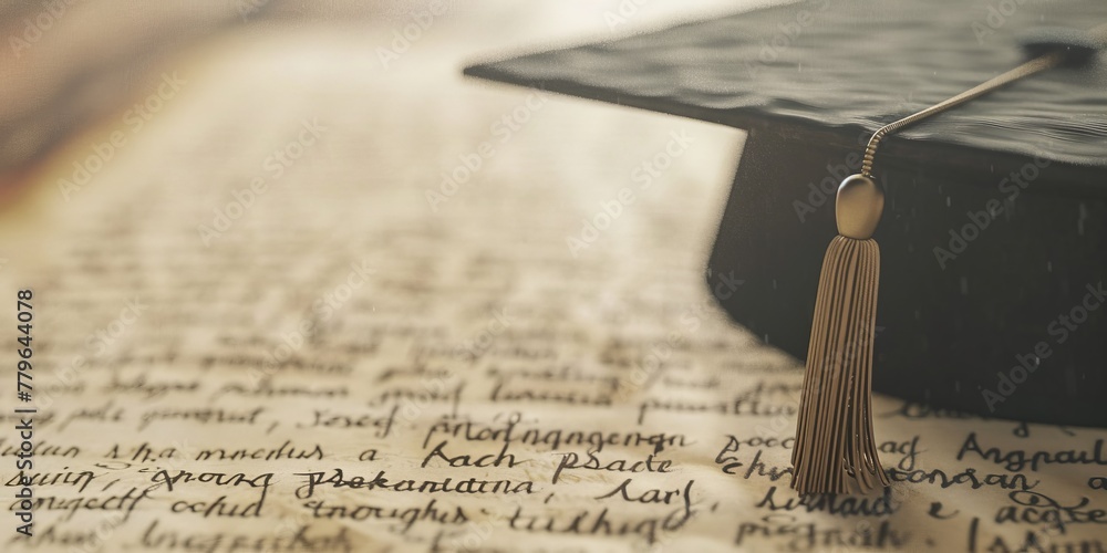 A graduation cap sits on top of a page of writing. The writing is ...