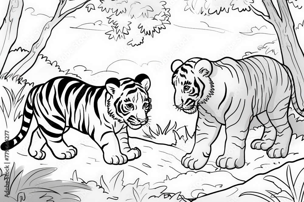 Coloring Page A majestic tiger and its playful cub navigating the lush ...