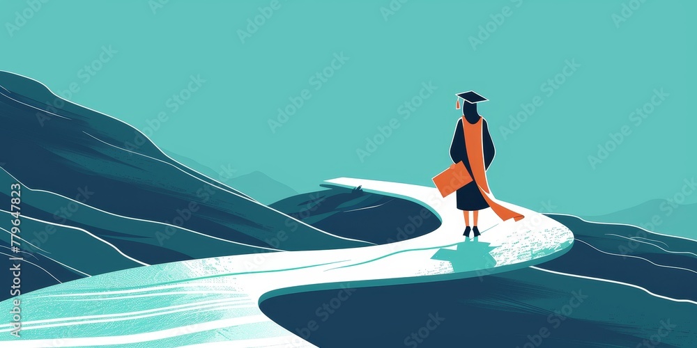 A woman in a graduation gown walks down a road with a graduation cap on ...