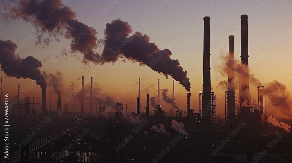 High-resolution image capturing the silhouette of a sprawling factory ...
