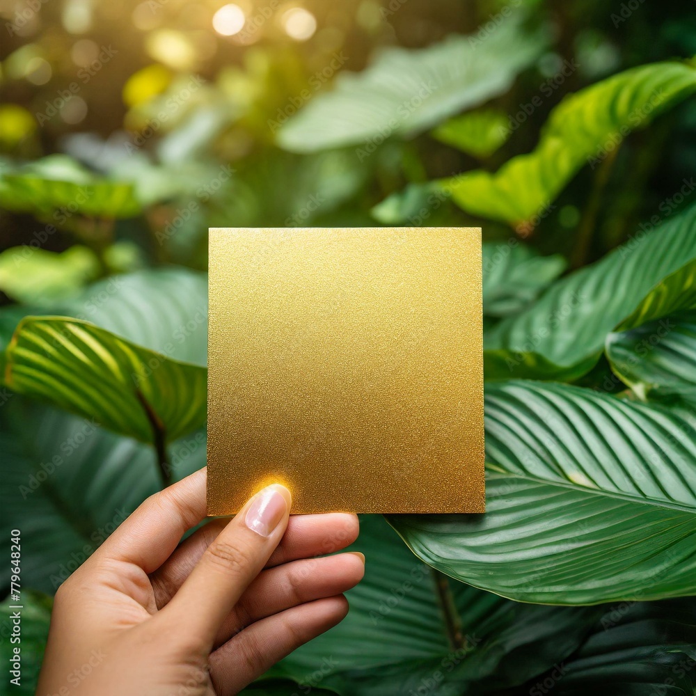 hand holding blank card.a mockup featuring a hand holding a blank gold ...