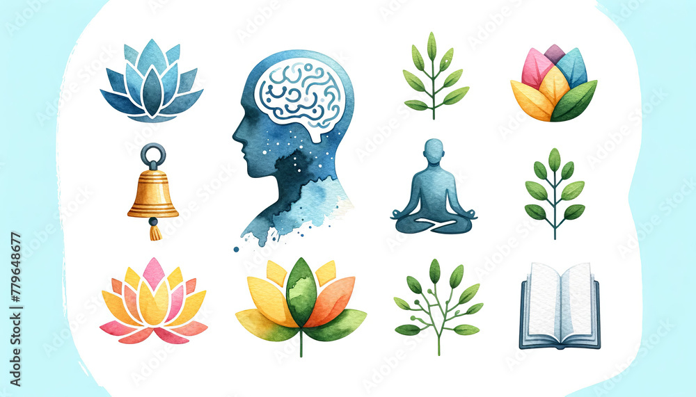 Watercolor illustration set of mindfulness and meditation concepts with ...