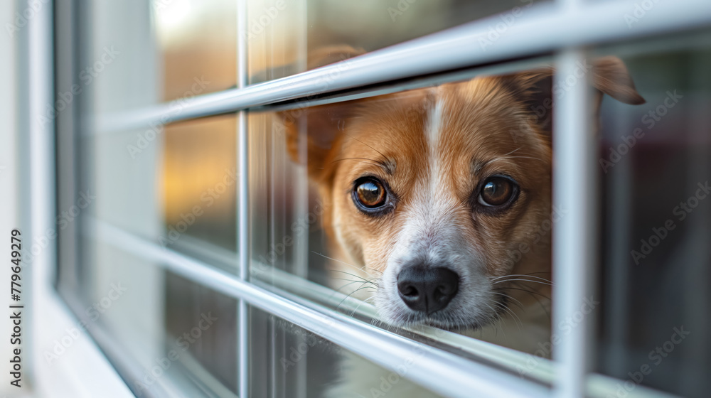 Forlorn-looking dog with big, soulful eyes peering through the slats of ...