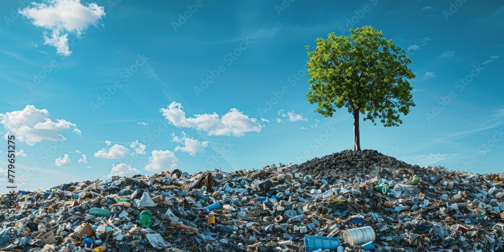 A tree is growing on top of a pile of trash. Concept of hope and ...