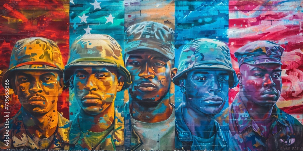 A painting of five soldiers with different colored hats. The painting ...