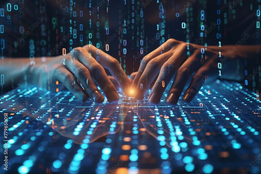 A person sitting at a desk is typing on a computer keyboard, with blue ...