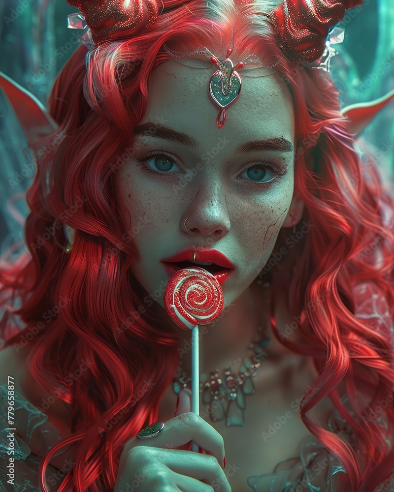 An alluring djinni with a cascade of candy apple red hair, their lips ...