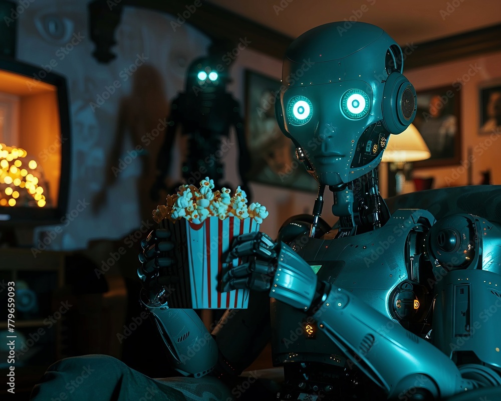 Intense movie night, a robot with glowing eyes enjoying popcorn ...