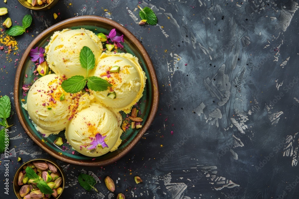 Top view of traditional Indian dessert saffron pistachio ice cream ...