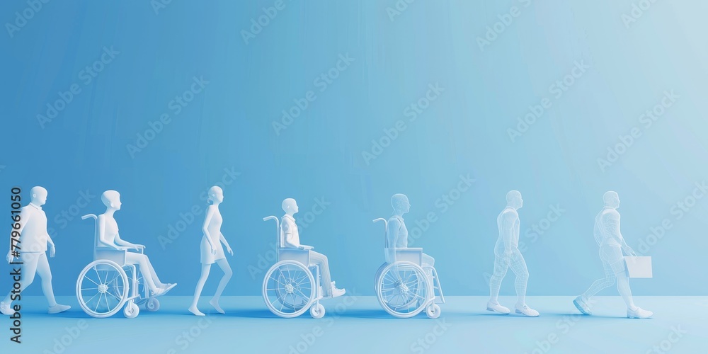 A group of people are walking in a line, some of them in wheelchairs ...