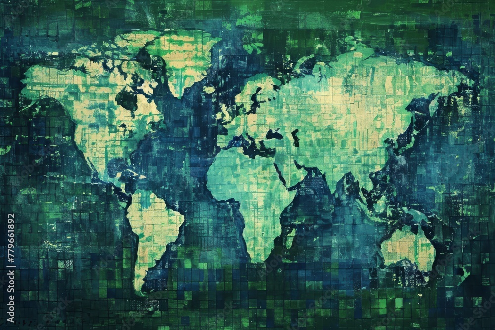 A detailed painting featuring a world map depicted on a wall ...