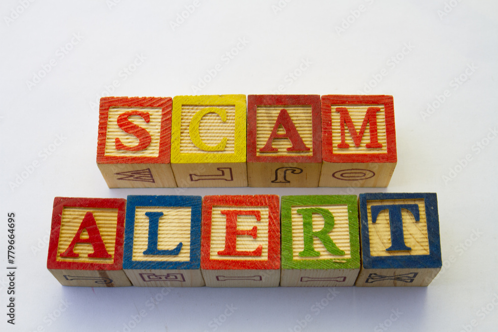 The term scam alert visually displayed on a clear background with copy ...