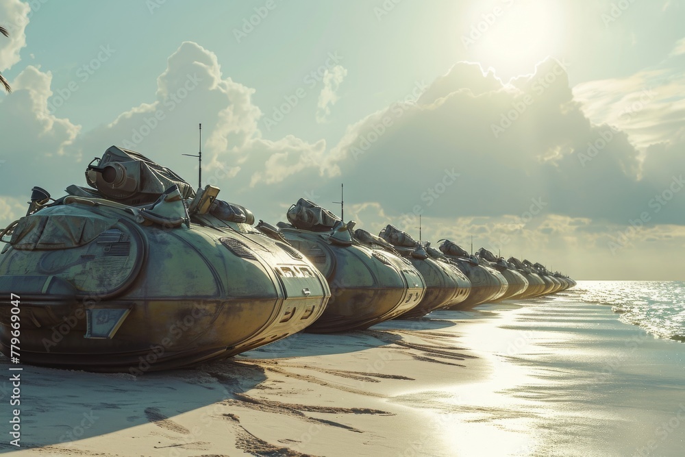 A line of military tanks parked along the sandy shore of a beach, A row ...