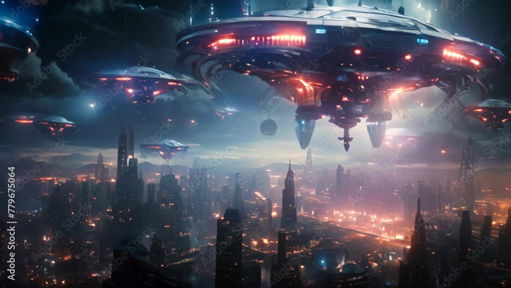 Futuristic alien spaceship flying over the city. 3D rendering, war of ...