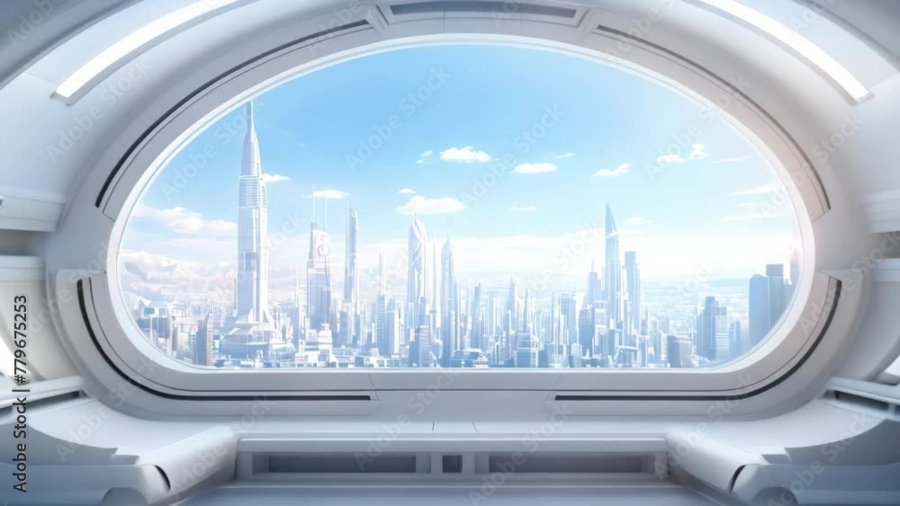 Spaceship interior with window view on city. 3D rendering, White ...