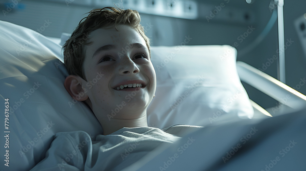 Photograph of young boy in a high class hospital bed. Doctor talking to ...