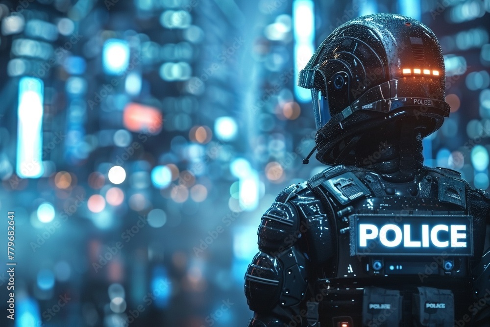 A futuristic police officer, their sleek uniform emblazoned with a ...