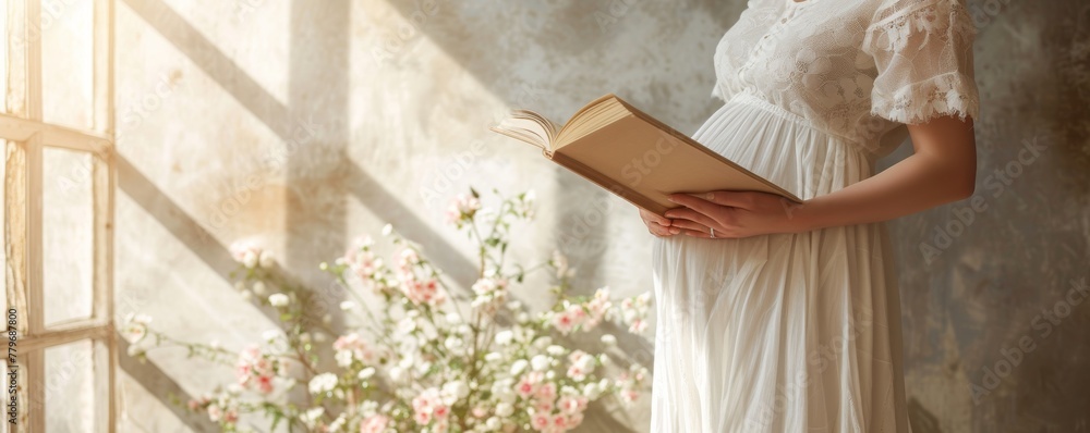 Loving Maternal Bond: Pregnant woman reading a storybook, connecting ...