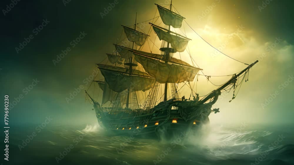 A magnificent pirate ship captures attention as it sails amidst the ...
