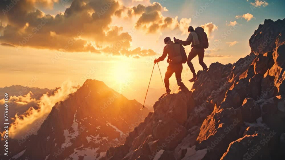 Two individuals ascending the side of a mountain during the setting sun ...