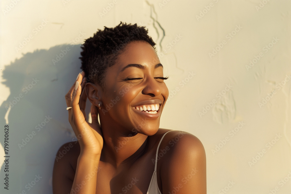 woman laughing with her hands, her head tilted back and eyes closed in ...