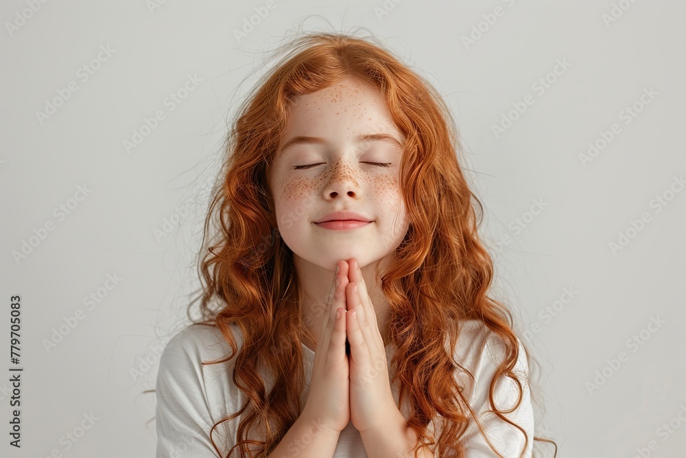 Cute little girl praying on white bright solid background. Portrait ...