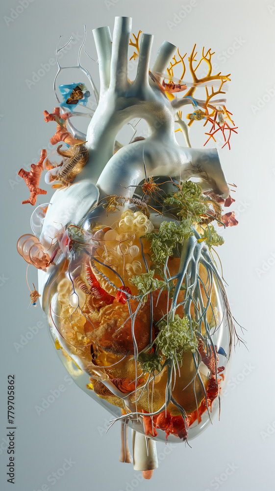 Anatomical model of a human heart intermixed with plant and animal life ...