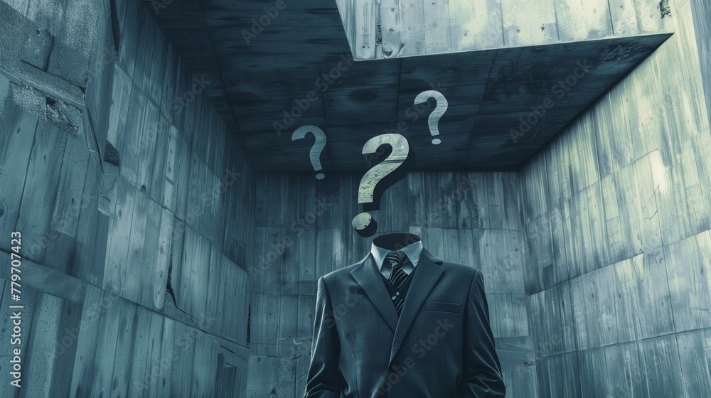 An anonymous figure in a suit with a question mark for a head, in a ...