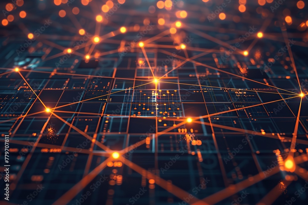 Digital network of interconnected nodes and lines, symbolizing the complexity, fluidity of AI ...