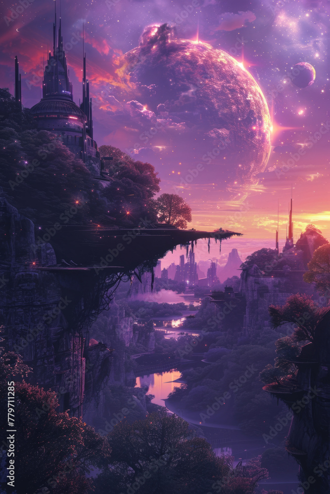 Fantasy Art, A vivid portrayal of a mystical space forest with floating ...
