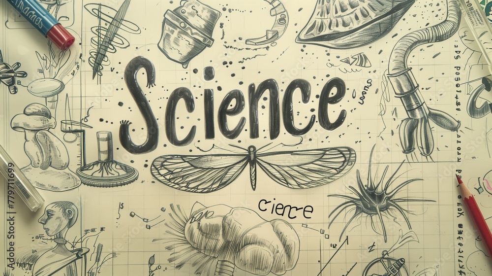 Hand-drawn sketches on graph paper depicting elements of science and ...