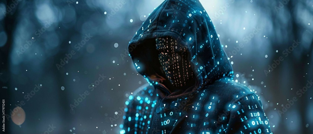 blue digital hacker with glowing binary code, ai in cybersecurity ...
